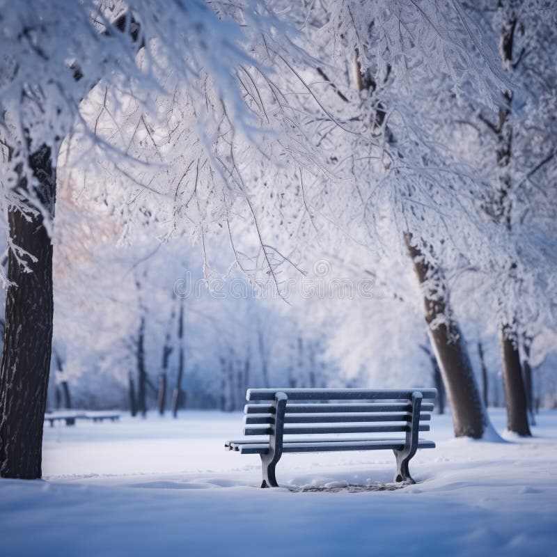 Snow-covered Bench in a Snowy Park. View from Back Stock Photo - Image ...