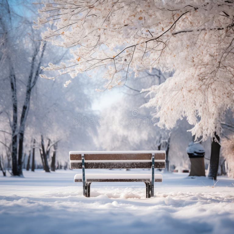 Snow-covered Bench in a Snowy Park. View from Back Stock Photo - Image ...