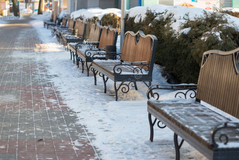 Snow Covered Bench in Winter Amusement Park Stock Photo - Image of ...