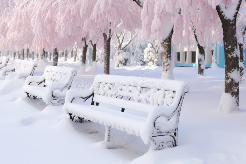 Snow Covered Benches in a Park with Pink Trees Stock Illustration ...