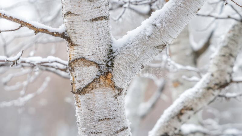 Snow-Covered Birch Tree Branch with Distinctive Bark Pattern Stock ...