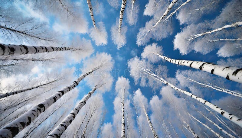 Snow-covered Birch Trees Stretching Toward a Clear Blue Sky in a Winter ...