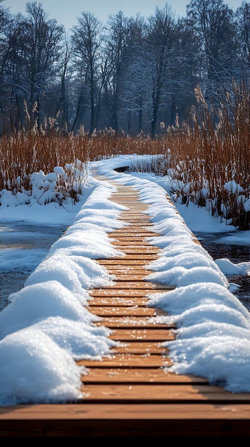 Snow-covered Boardwalk Leading through a Winter Marshland Stock ...
