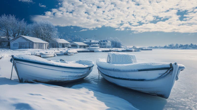 Snow-Covered Boats Moored in a Frozen Harbor Stock Illustration ...