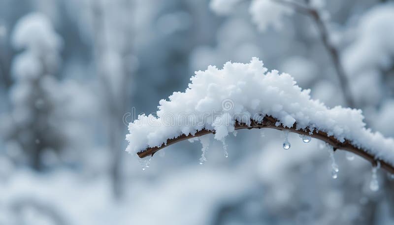 Snow Covered Branch with Melting Icicles Dripping Stock Photo - Image ...