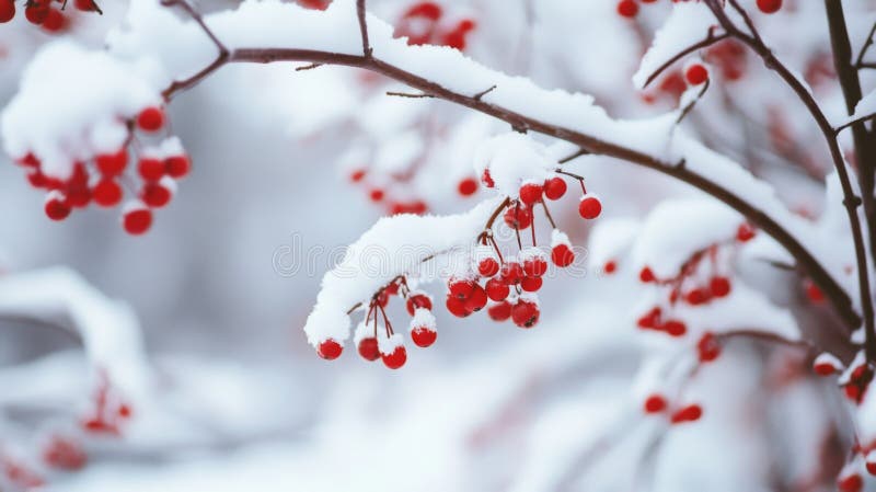 Snow-Covered Branch with Red Berries in Winter Stock Illustration ...