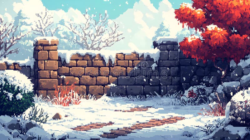 Snow Covered Brick Wall Surrounded by Trees on Pixel Art Landscape in ...