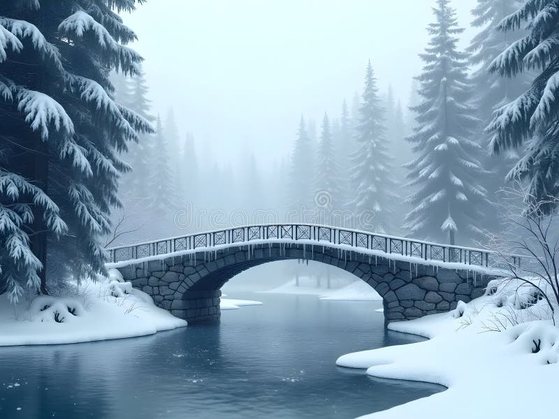 Snow-covered Bridge Crossing a Frozen River Stock Illustration ...