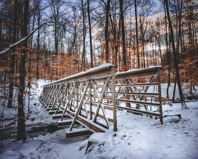 Snow covered bridge stock image. Image of snow, woods - 107970897