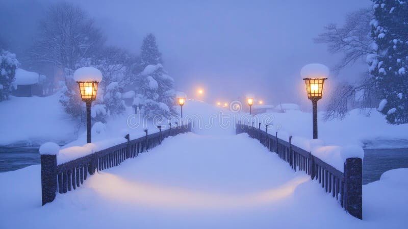 Snow-covered Bridge Illuminated by Lanterns during a Winter Blizzard ...
