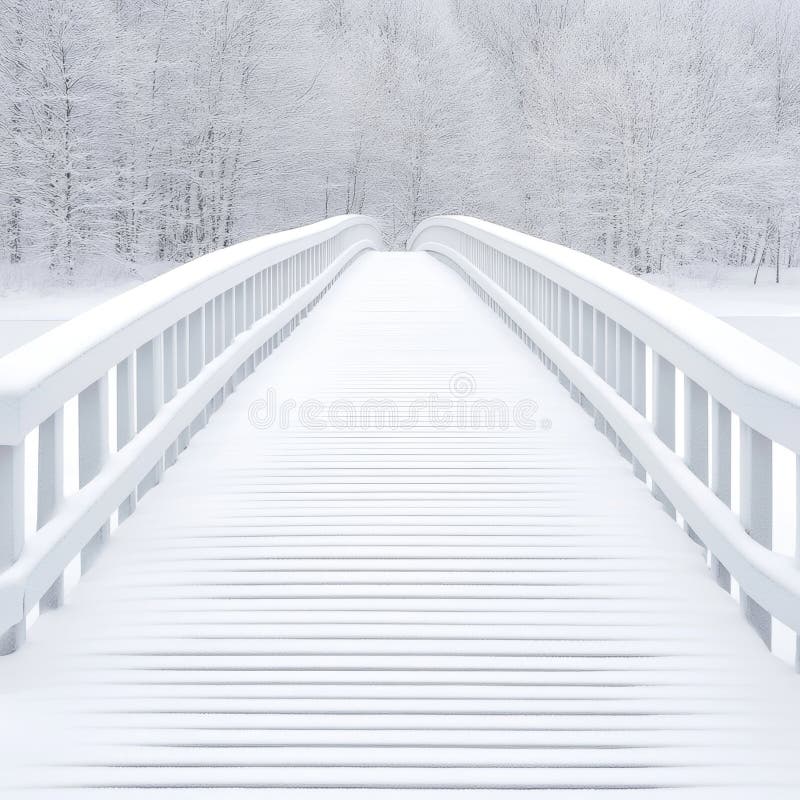 Snow-covered Bridge in Serene Winter Landscape with Bare Trees. Stock ...