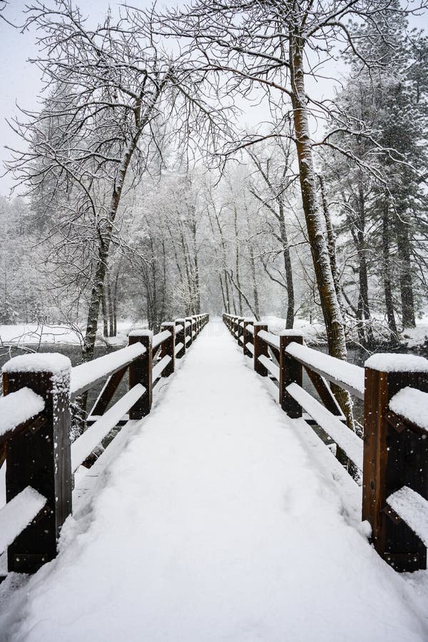 Snow Covered Bridge in Winter Storm Stock Image - Image of snowing ...