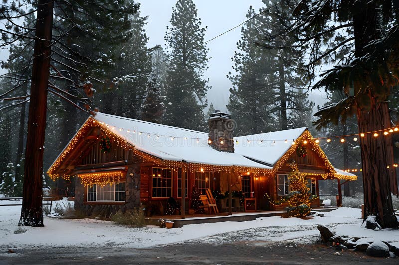 Cozy Snow-covered Cabin Adorned with Glowing Christmas Lights, Nestled ...