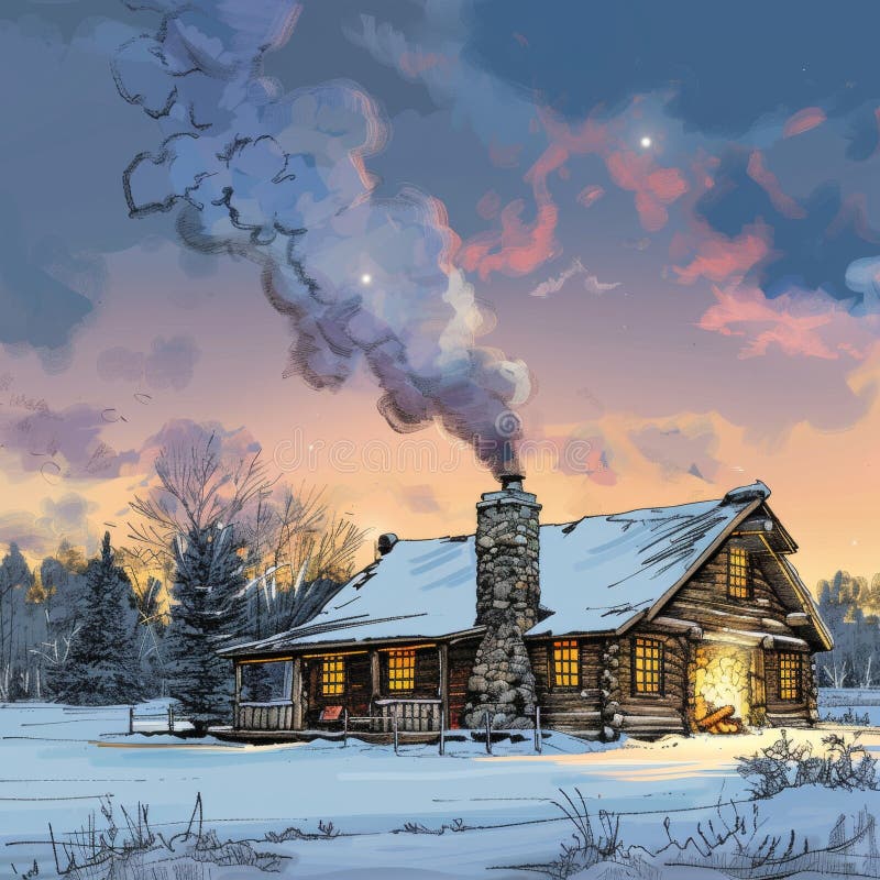 Snow-covered Cabin with Lit Windows in a Forest at Night Winter ...