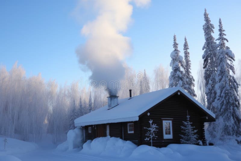Log Cabin with Smoke Rising from Its Chimney Near a Lake Stock Photo ...