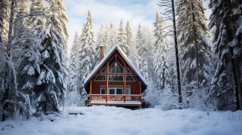 Snow Covered Cabin Surrounded by Trees Stock Illustration ...