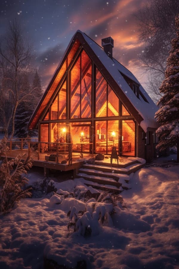 Snow-covered Cabin with Warm Glowing Windows Stock Image - Image of ...