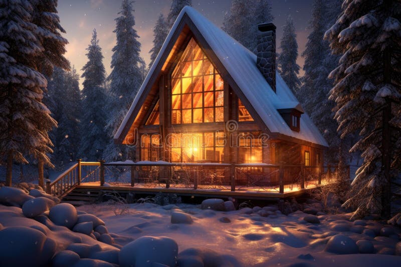 Snow-covered Cabin with Warm Glowing Windows Stock Photo - Image of ...