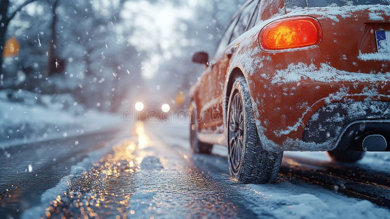Snow-covered Car Driving through a Winter Storm at Night Stock Photo ...