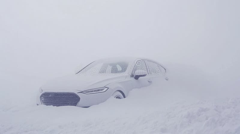 Snow-covered Car in Heavy Winter Storm on Icy Roadside Stock Image ...