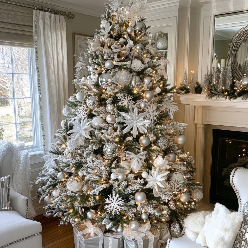 A Snow-Covered Christmas Tree Decorated in Silver and White Stock ...