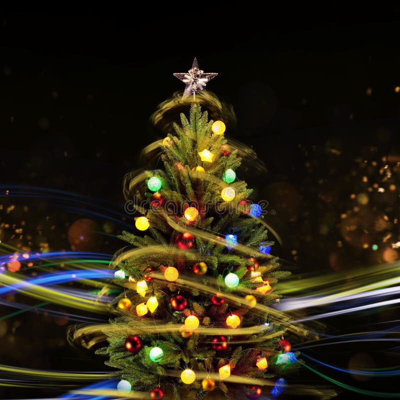 Snow Covered Christmas Tree with Multi Colored Lights Stock Image ...