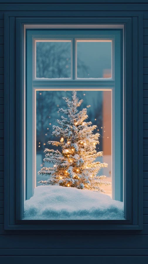 Cozy Christmas Tree Window Reflection Snowy Winter Scene Stock ...