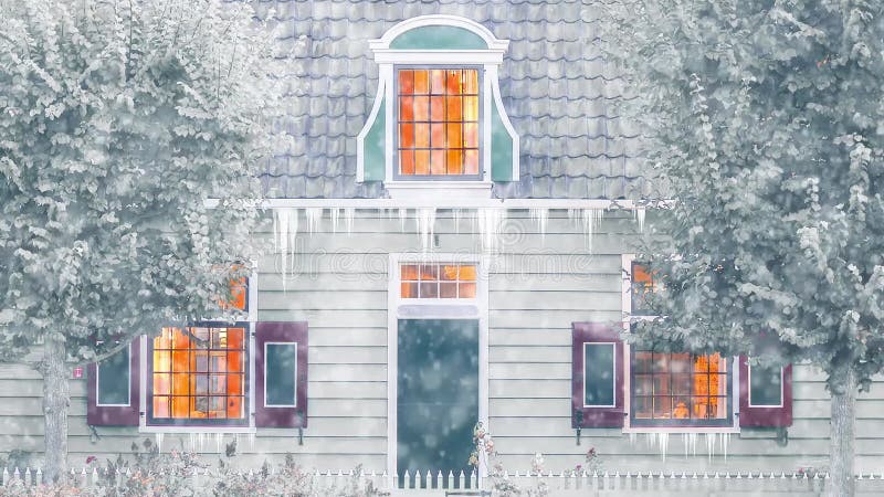 Snow Covered Christmas Trees with Snow Falling in Front of a Blue Sky ...