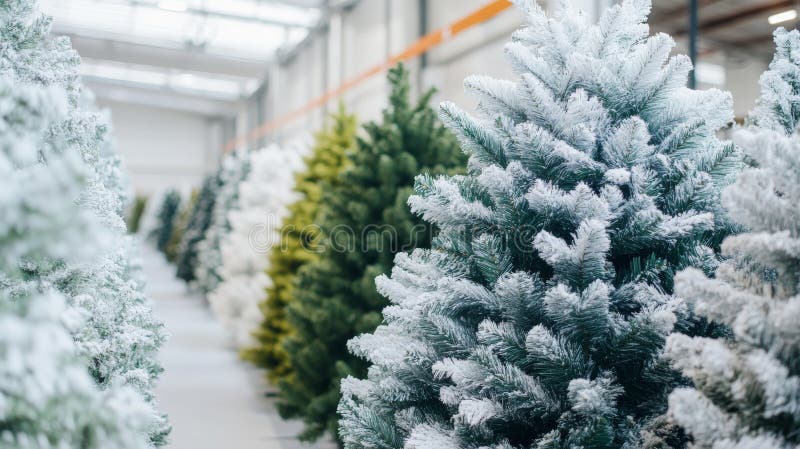 Snow-covered Christmas Trees in Indoor Warehouse Setting Stock ...