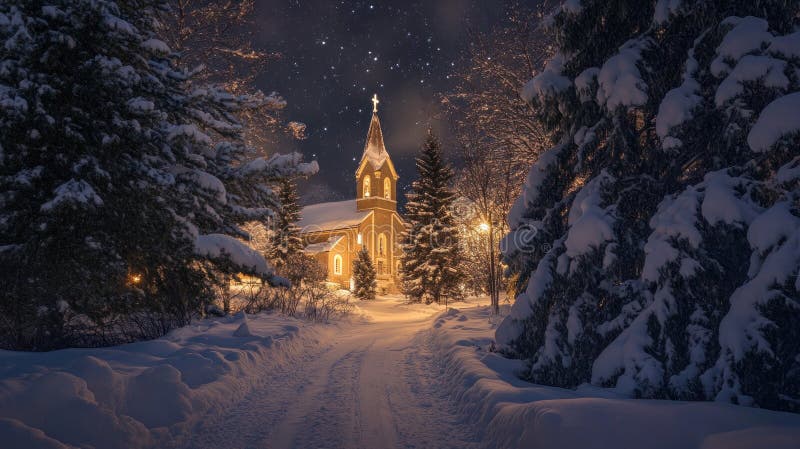 Snow-covered Church Path at Night, Illuminated Stock Illustration ...