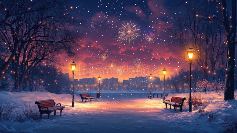 Fireworks Exploding Over Snow Covered City Park at Night Stock ...