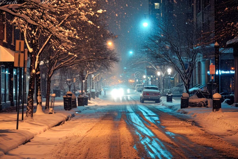 Snow-covered City Street at Night Stock Image - Image of night, york ...
