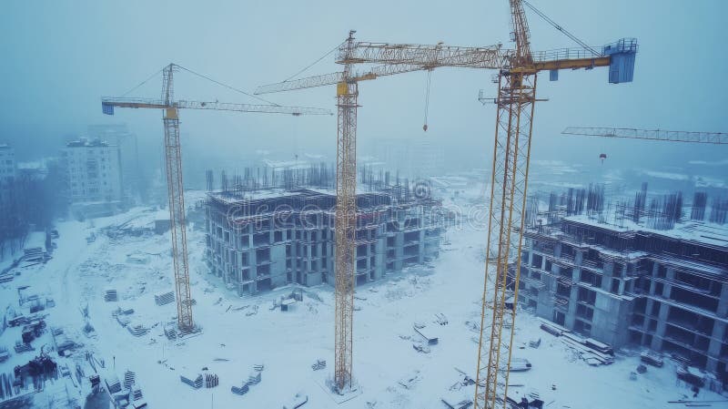 Snow-covered Construction Site with Yellow Cranes Stock Image - Image ...