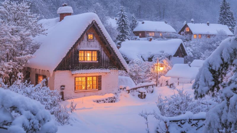 A Snow-Covered Cottage with Warm Windows and a Snowy Landscape Stock ...
