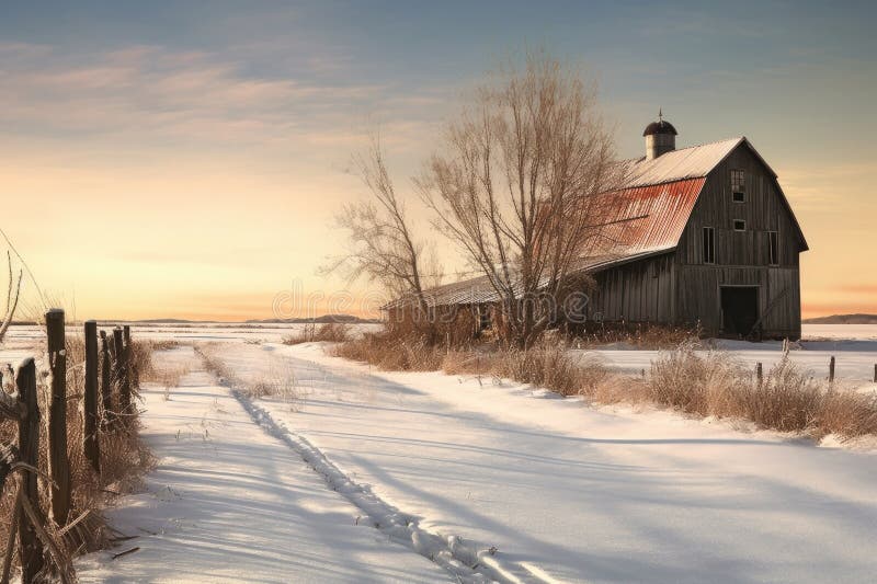 Snow-covered Country Barn in a Winter Landscape Stock Illustration ...