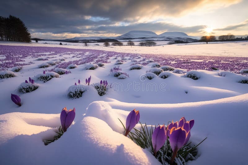 Snow-covered Crocus Field, with View of Rolling Hills Stock ...
