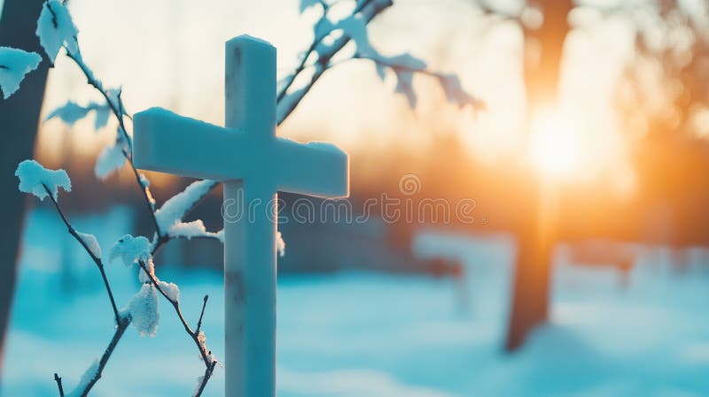 Snow Covered Cross in Winter Sunset Landscape Stock Photo - Image of ...