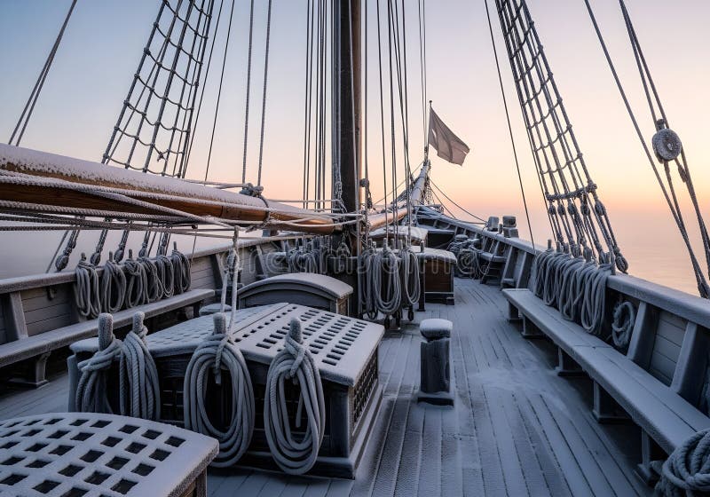 Snow-Covered Deck of Historical Ship at Dawn Stock Illustration ...