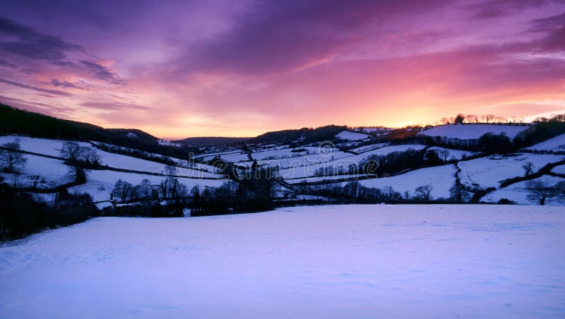 Snow Covered Devon Landscape at Sunset Stock Photo - Image of open ...