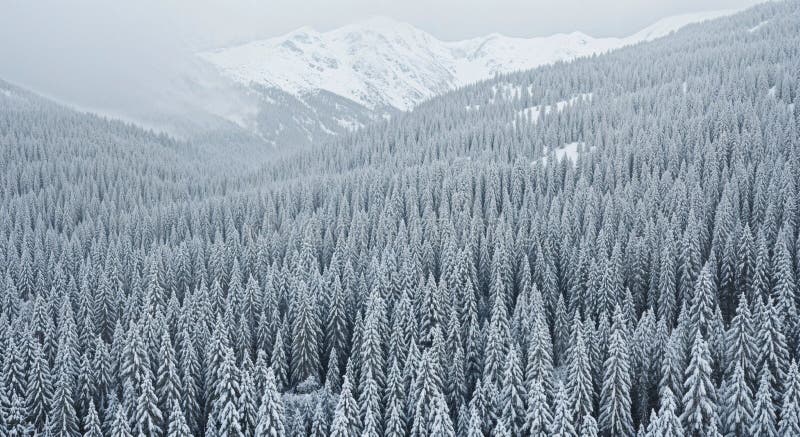 Snow-Covered Evergreen Forest with Distant Mountains in Winter Stock ...