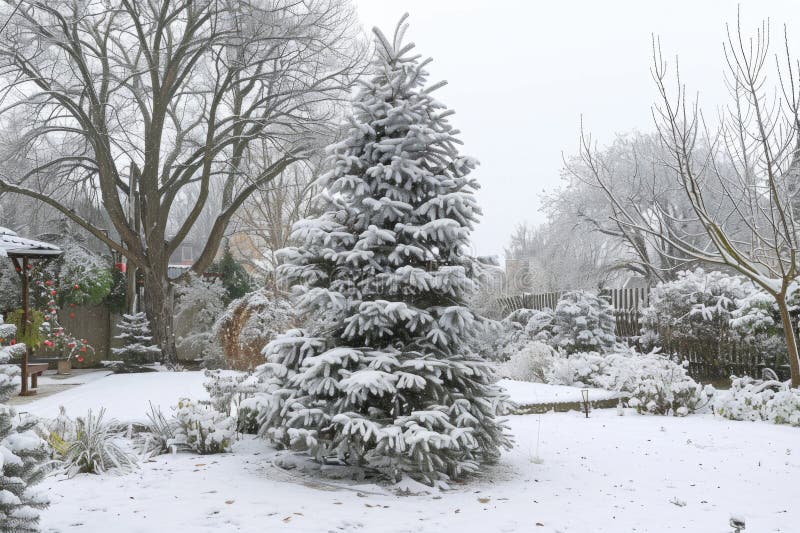A Snow-covered Evergreen Tree in a Backyard, Perfect for Winter Themes ...