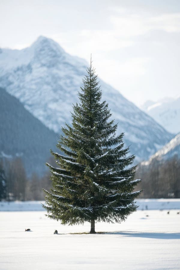 Snow-Covered Evergreen Tree in Serene Mountain Landscape. Stock Image ...
