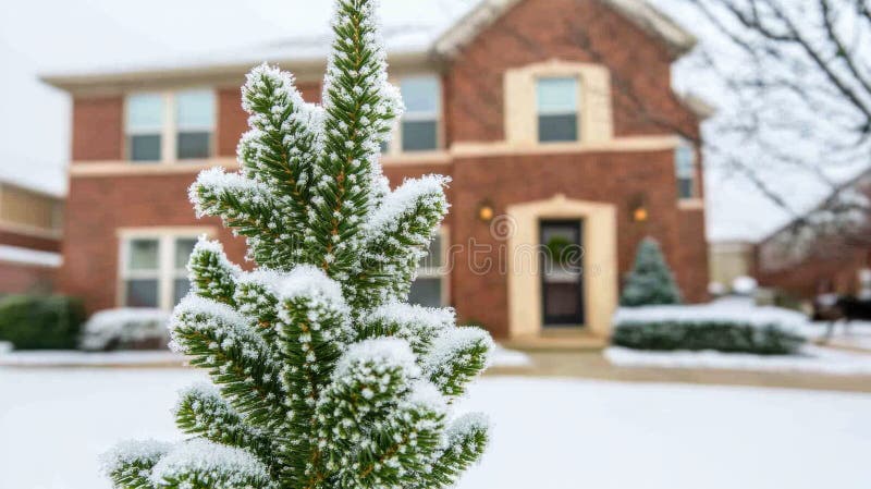 Snow-covered Evergreen Tree in Suburban Winter Setting with Brick House ...