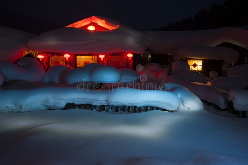 SNOW-COVERED FARMHOUSE in the NIGHT Stock Photo - Image of snowcapped ...