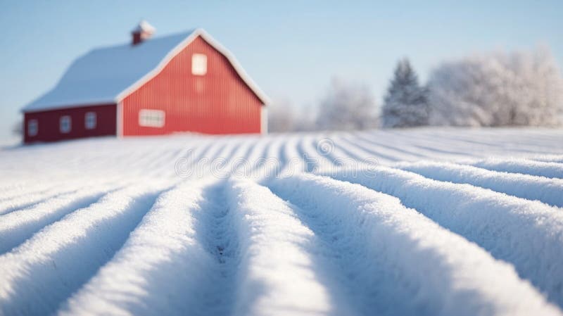 Snow-Covered Field with Blurred Red Barn in the Background Stock ...