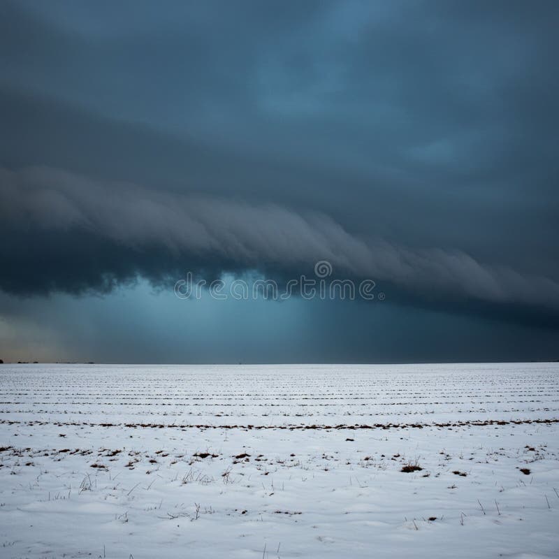 Snow-covered Field with a Dark, Dramatic Sky Overhead. Thick, Rolling ...