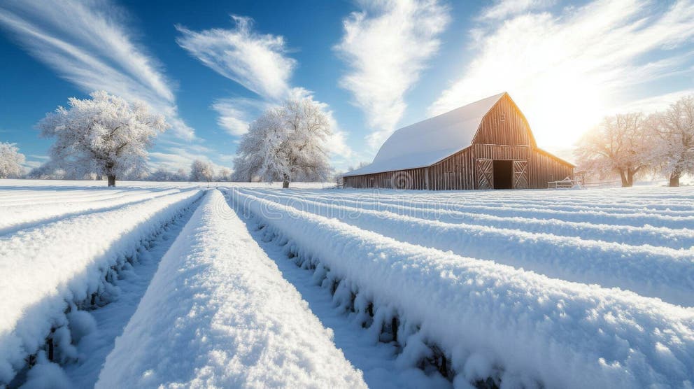 Snow-Covered Field with Red Barn and Trees Under a Blue Sky Stock ...