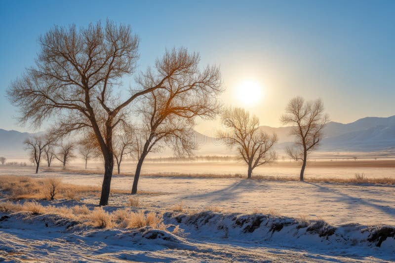 A Snow-covered Field with Trees in the Foreground Stock Photo - Image ...
