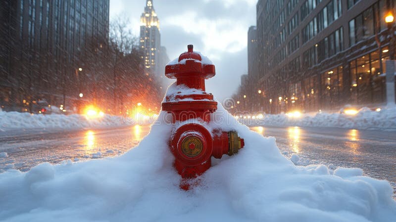 Snow-covered Fire Hydrant on a City Street at Dusk in Winter Stock ...