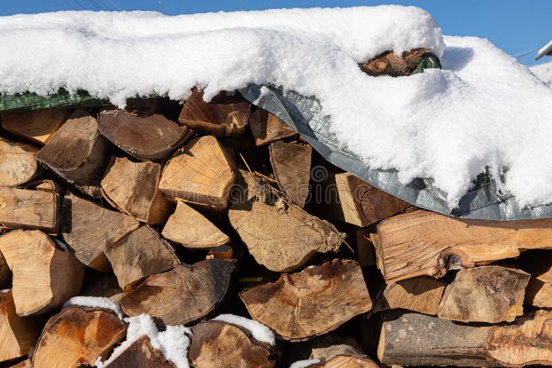 Snow Covered Firewood. Stack of Wood Cut. Snow on the Timber Stack ...